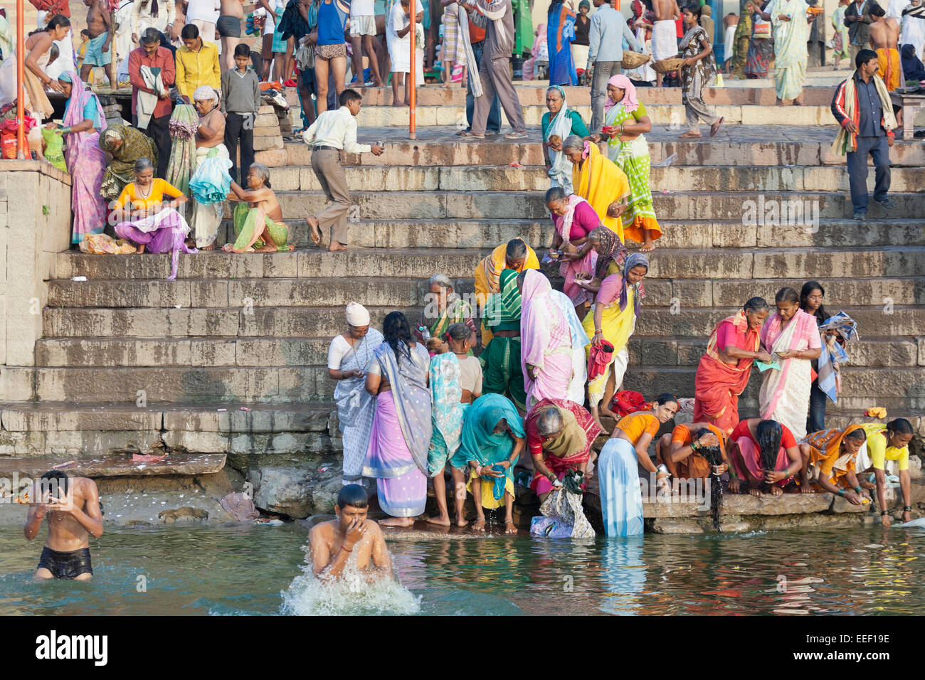 Varanasi, India. Hindus bathing and praying in the Ganges river Stock ...