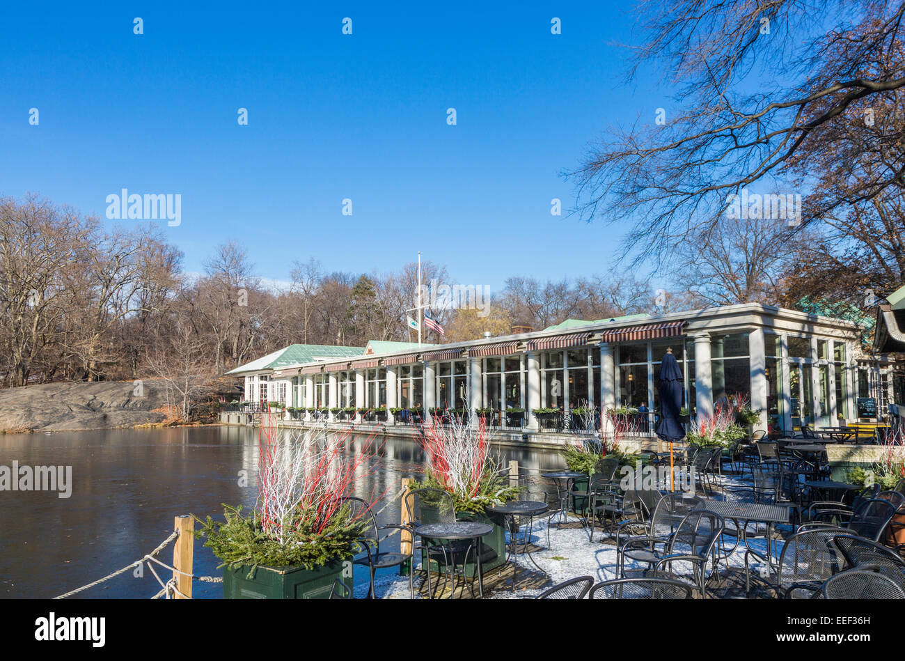 View of Loeb Boathouse lakeside eatery and bar with reflection in The ...
