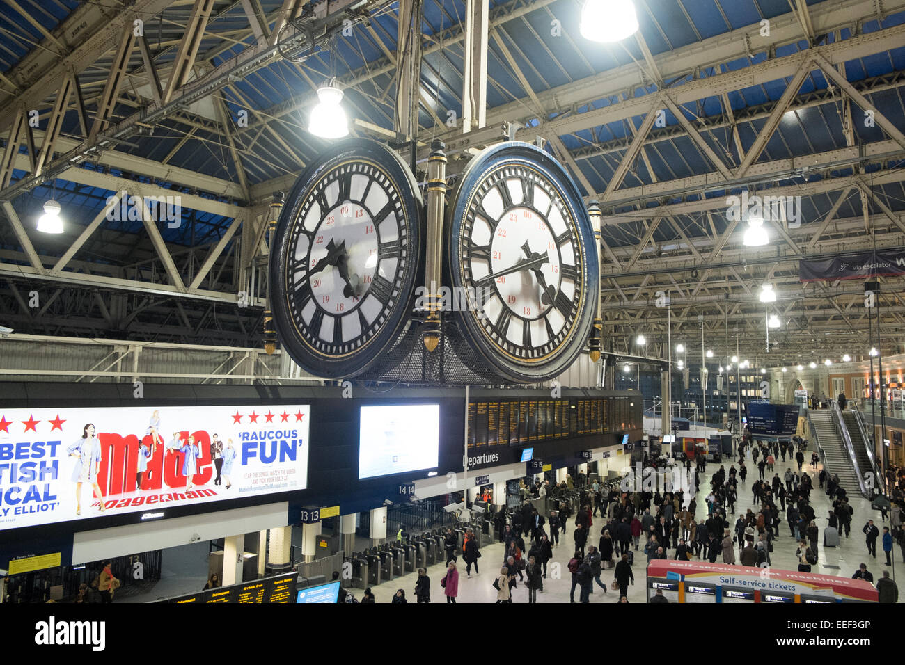 London Waterloo railway station and famous Waterloo clock hanging above ...