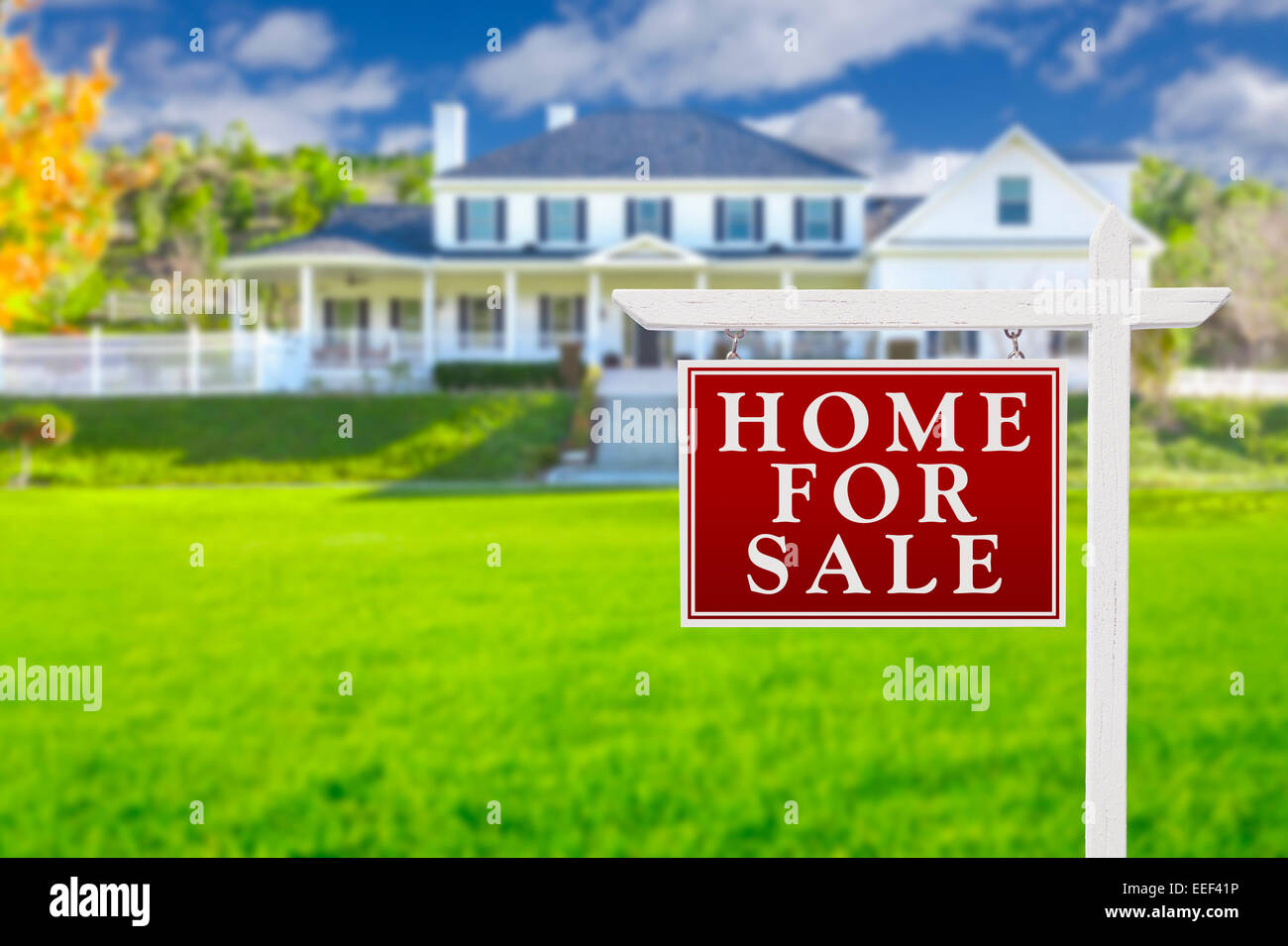 Home For Sale Real Estate Sign in Front of Beautiful New House Stock ...