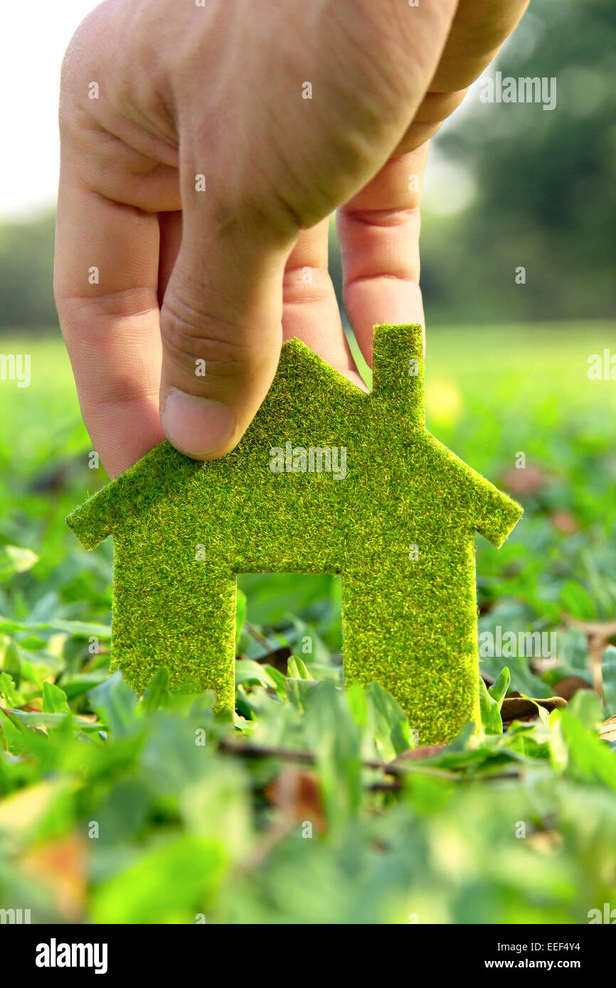 Hand holding green house icon Stock Photo - Alamy