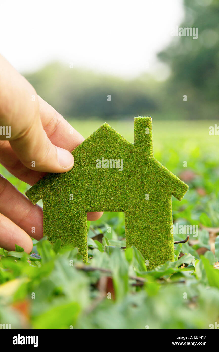 Hand holding green house icon Stock Photo - Alamy