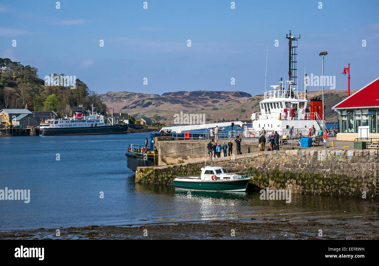 Hebridean Princess cruise ship (distant) moored in Oban harbour ...