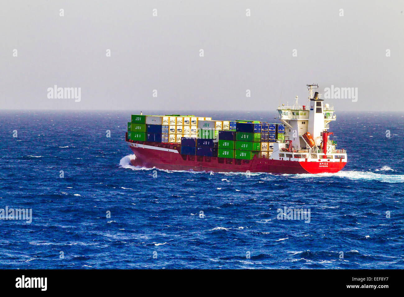 Container ship Spica leaving Arrecife harbour, Lanzarote, Canary ...