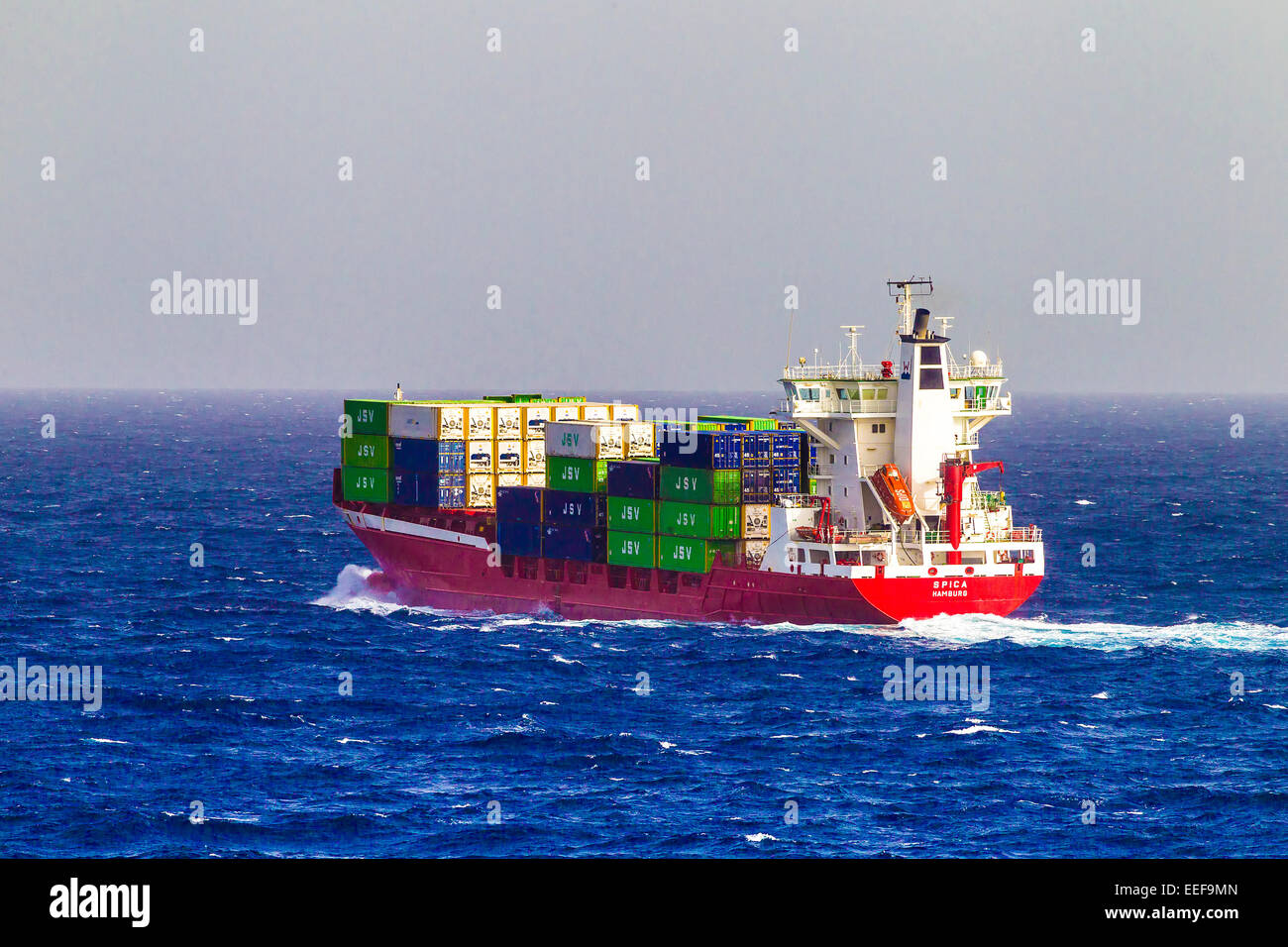 Container ship Spica leaving Arrecife harbour, Lanzarote, Canary ...