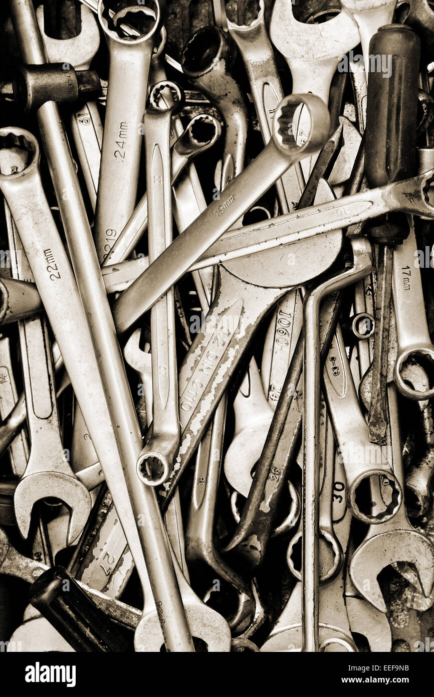 Assorted old hand tools background Stock Photo - Alamy