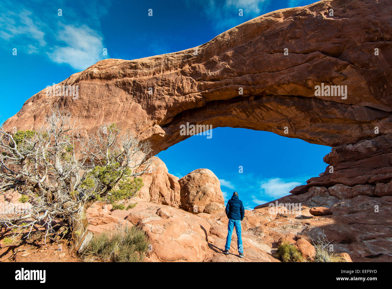 Caucasian male tourist watching the North Window Arch, Arches National ...