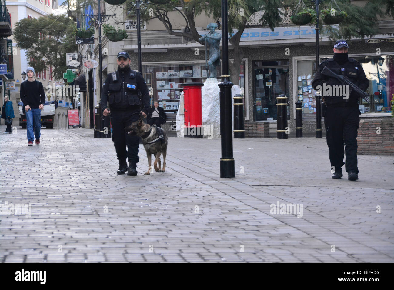 Gibraltar. 17th Jan, 2015. Armed patrols and police dog units have been ...