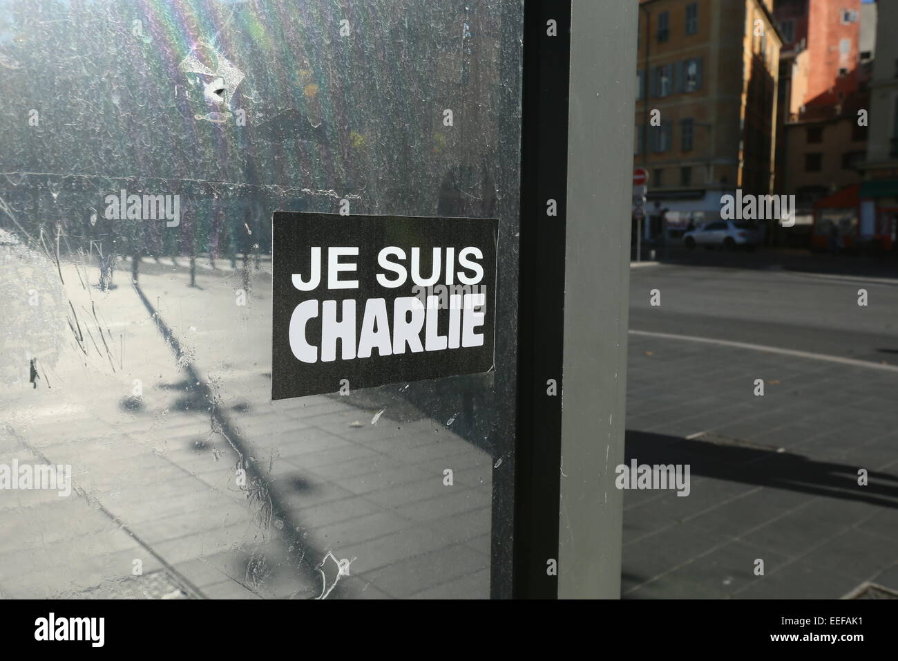 A 'Je Suis Charlie' sticker on a bus shelter in Nice. Image of a ...