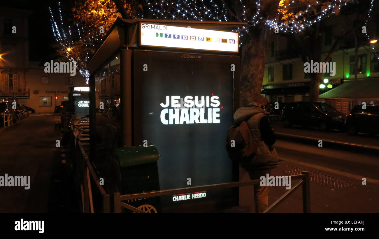 An ad sign with the words 'Je Suis Charlie' on the side of a bus stop ...
