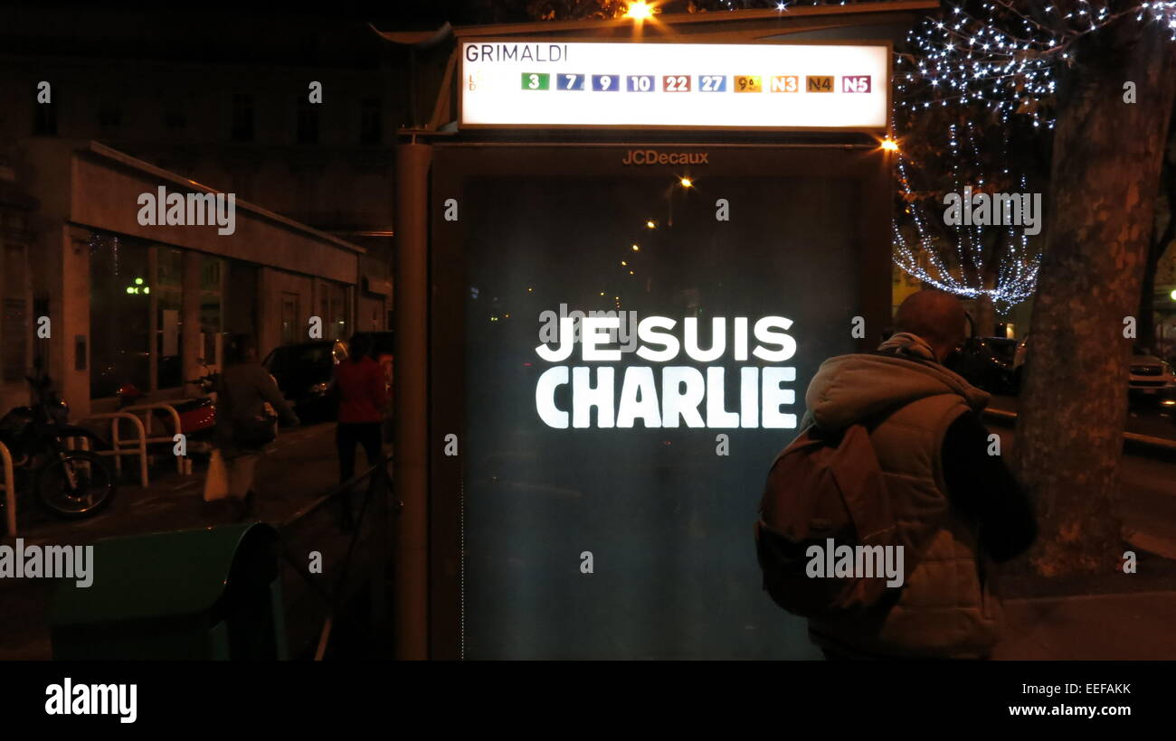 An ad sign with the words 'Je Suis Charlie' on the side of a bus stop ...