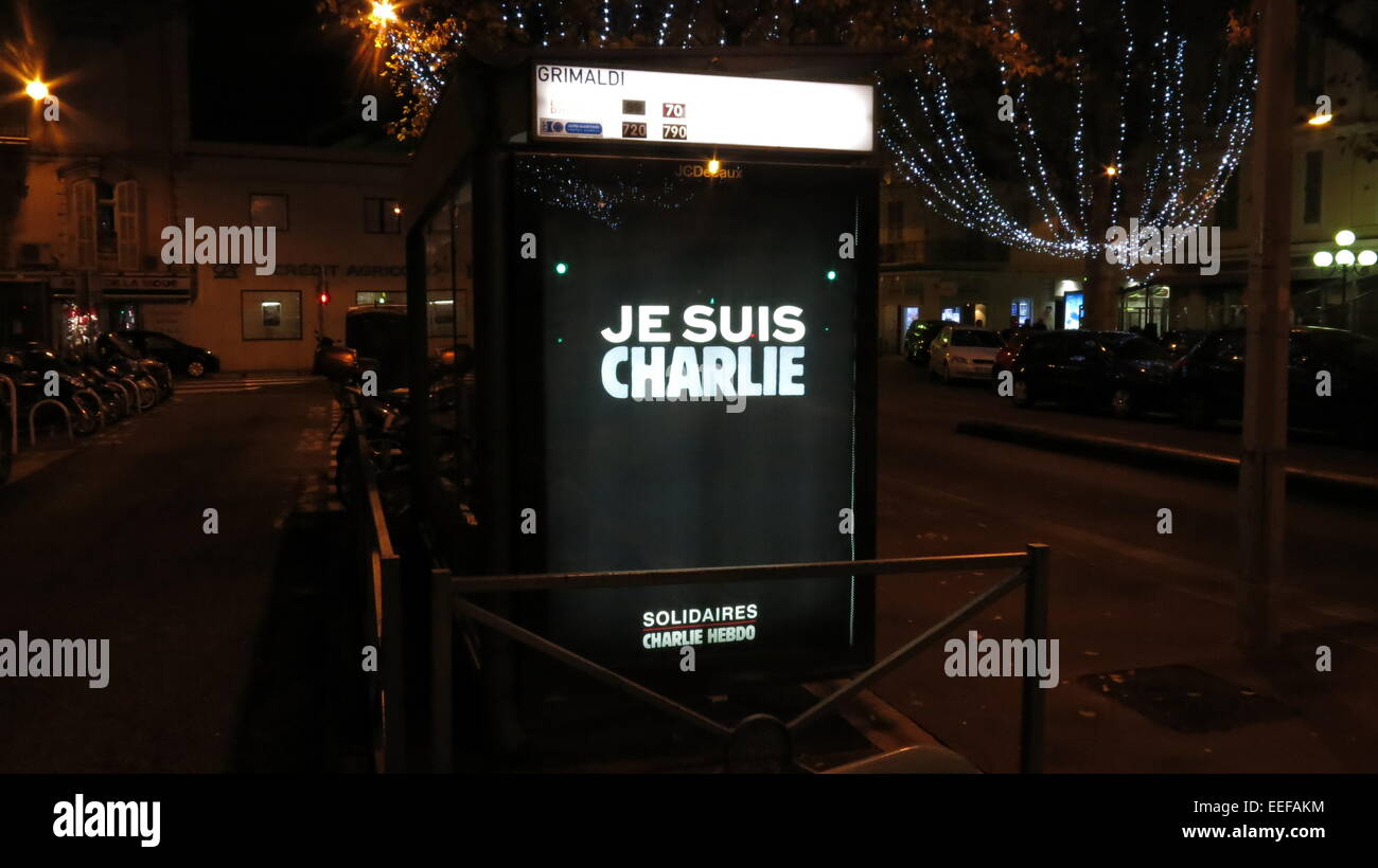 An ad sign with the words 'Je Suis Charlie' on the side of a bus stop ...