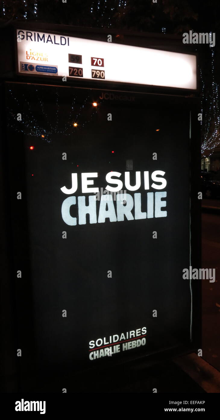 An ad sign with the words 'Je Suis Charlie' on the side of a bus stop ...