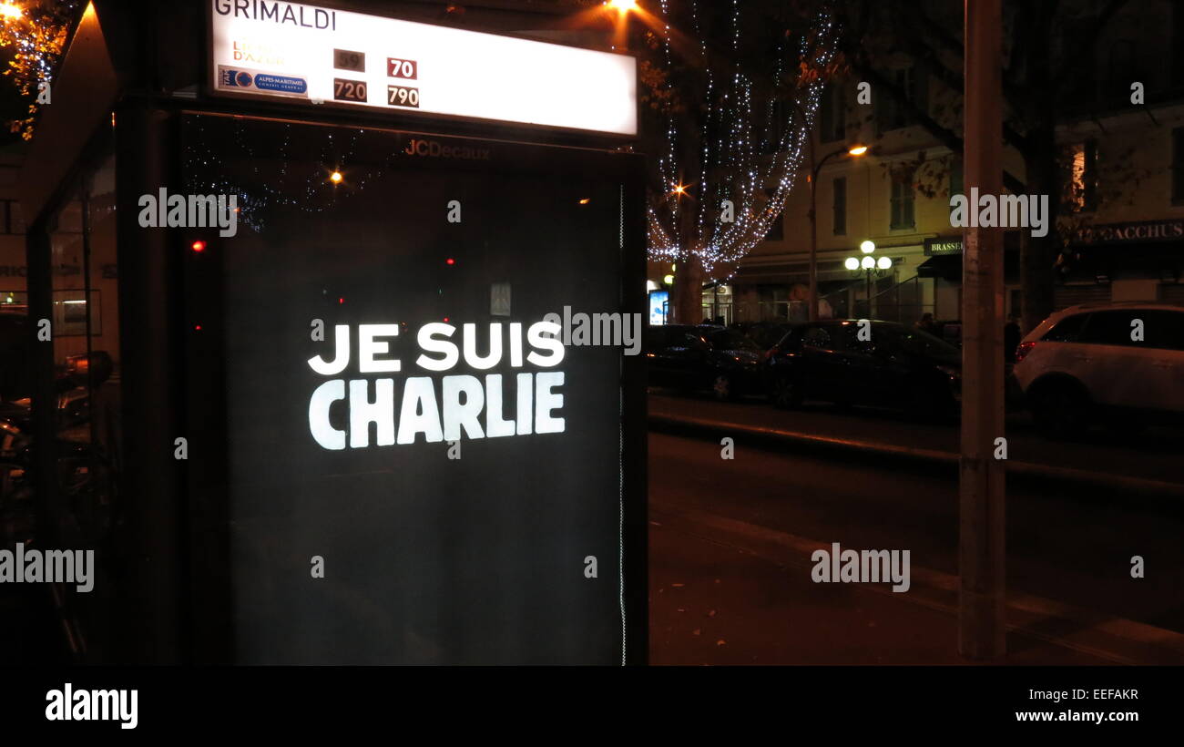 An ad sign with the words 'Je Suis Charlie' on the side of a bus stop ...
