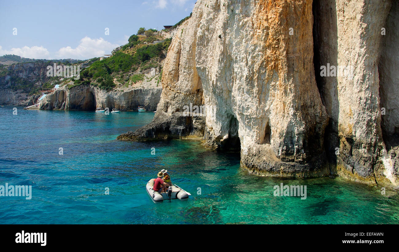 Small tourist boat at Blue Caves in Zakynthos Island (Zante), Greece ...