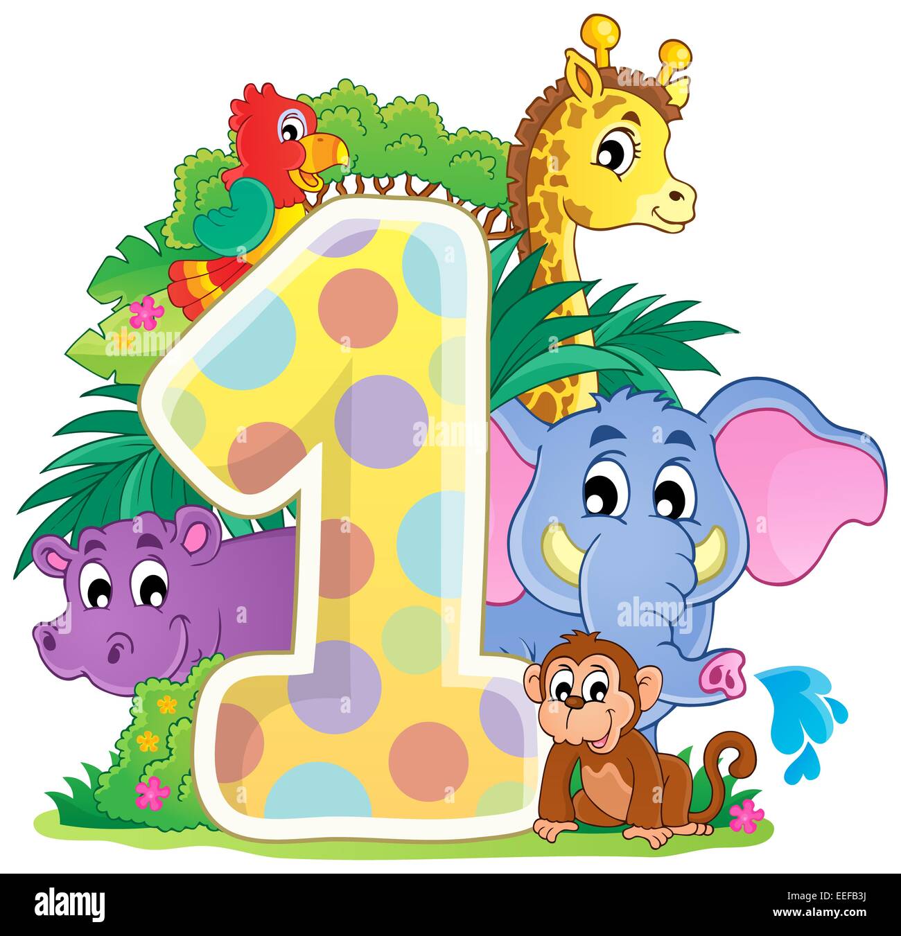 Happy animals around number one - picture illustration Stock Photo - Alamy