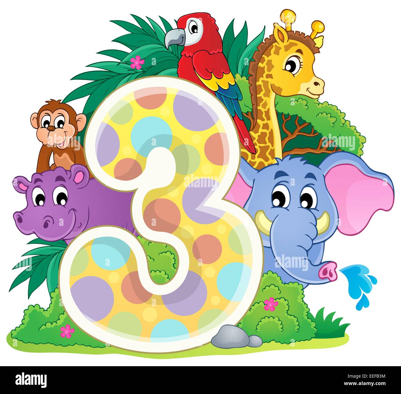 Happy animals around number three - picture illustration Stock Photo ...