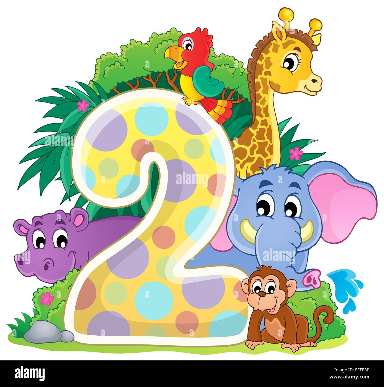 Happy animals around number two - picture illustration Stock Photo - Alamy