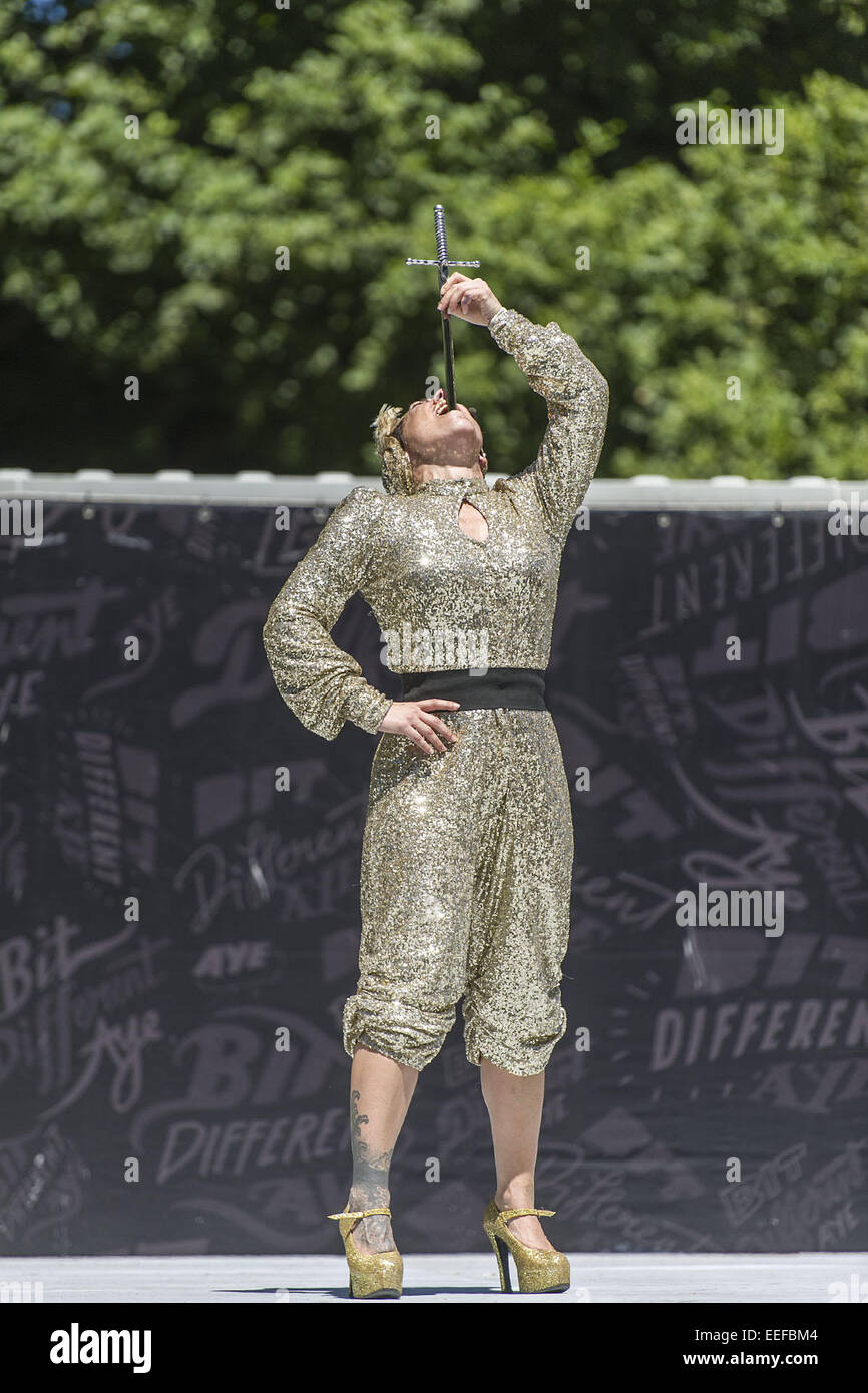 Christchurch, New Zealand. 16th Jan, 2015. UK busker Miss Behave ...