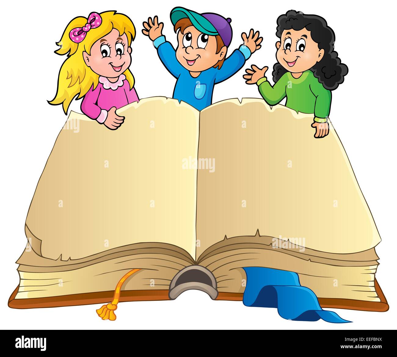 Open book with happy kids - picture illustration Stock Photo - Alamy