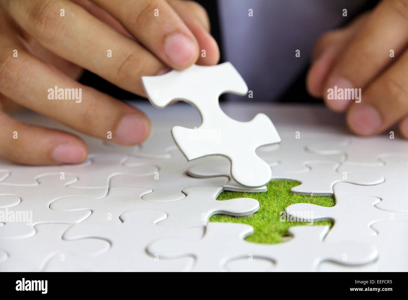 Hand embed missing puzzle piece into place, green space concept Stock ...