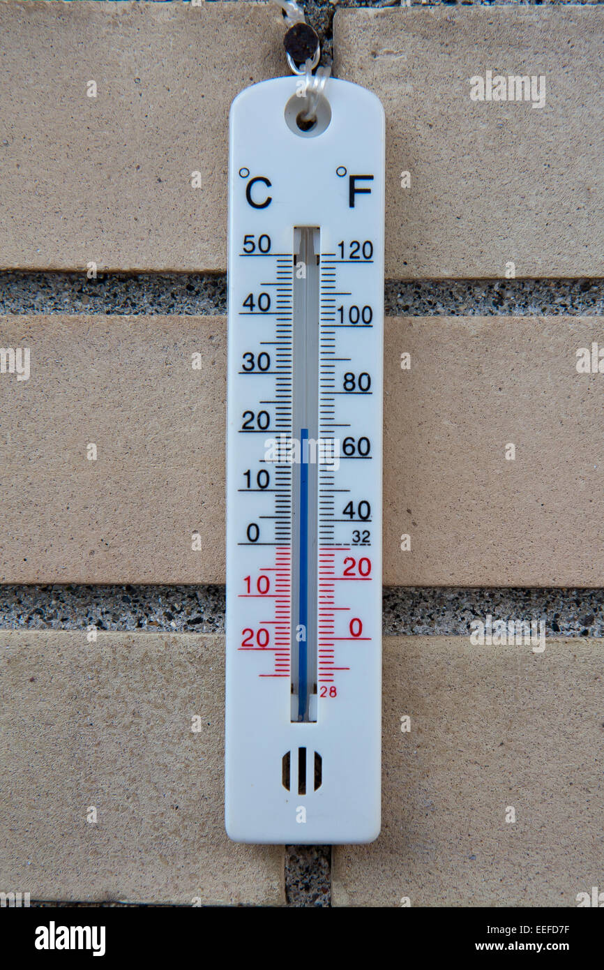 A thermometer hanging on white bricks wall Stock Photo - Alamy