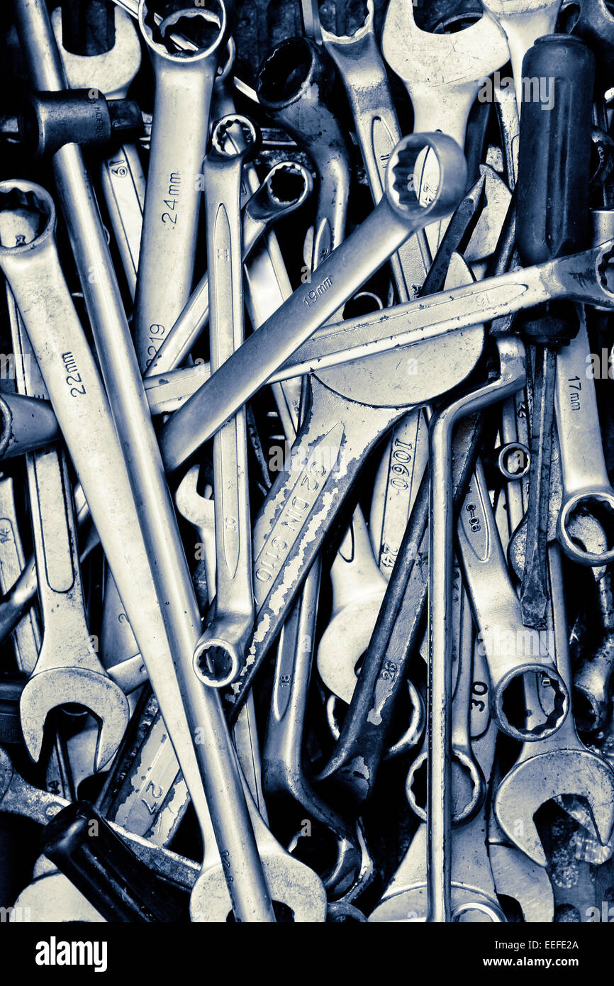 Assorted old hand tools background Stock Photo - Alamy