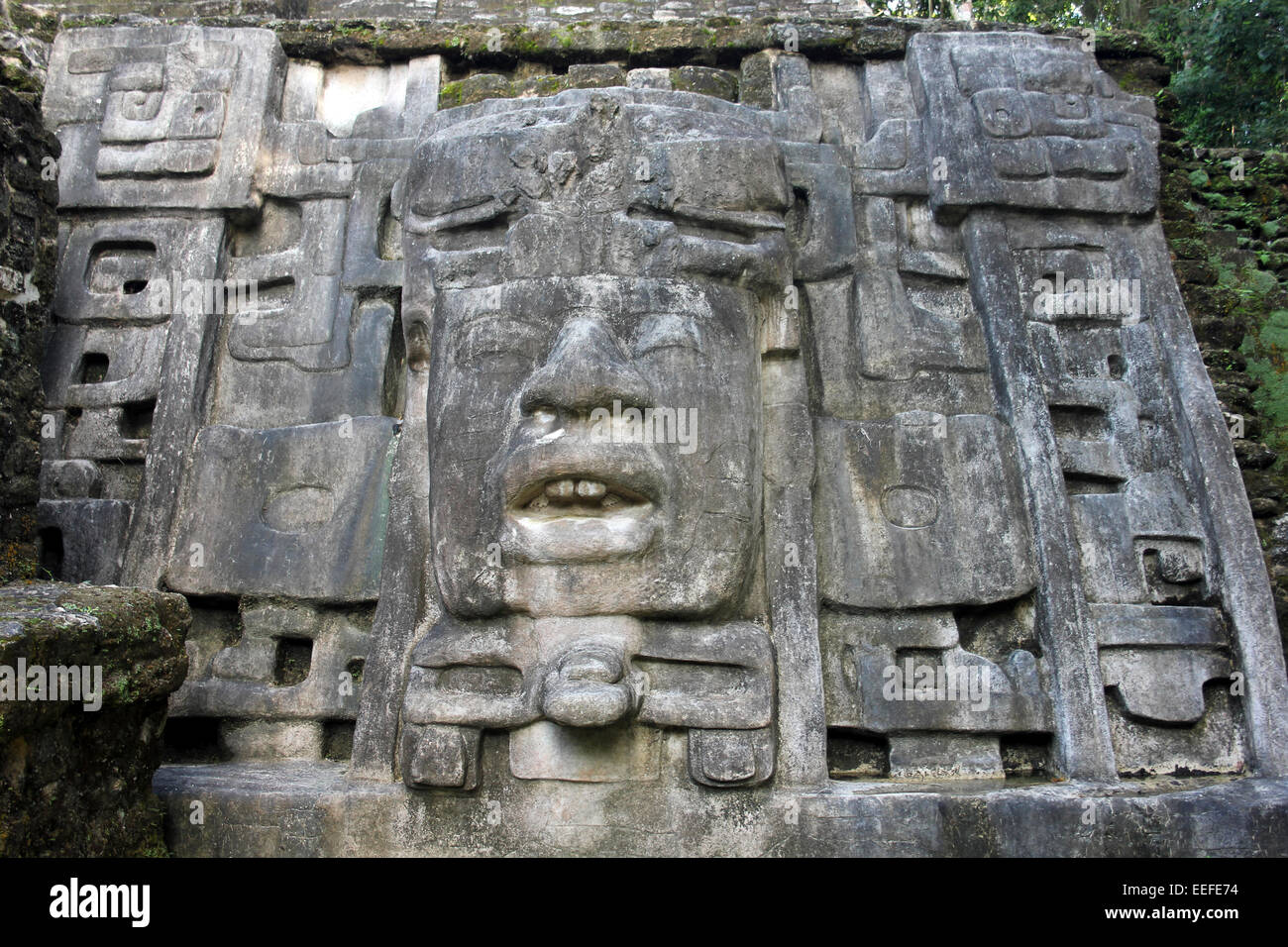 Mask Temple, Lamanai, Belize Adorned by a 13-foot stone mask of an ...