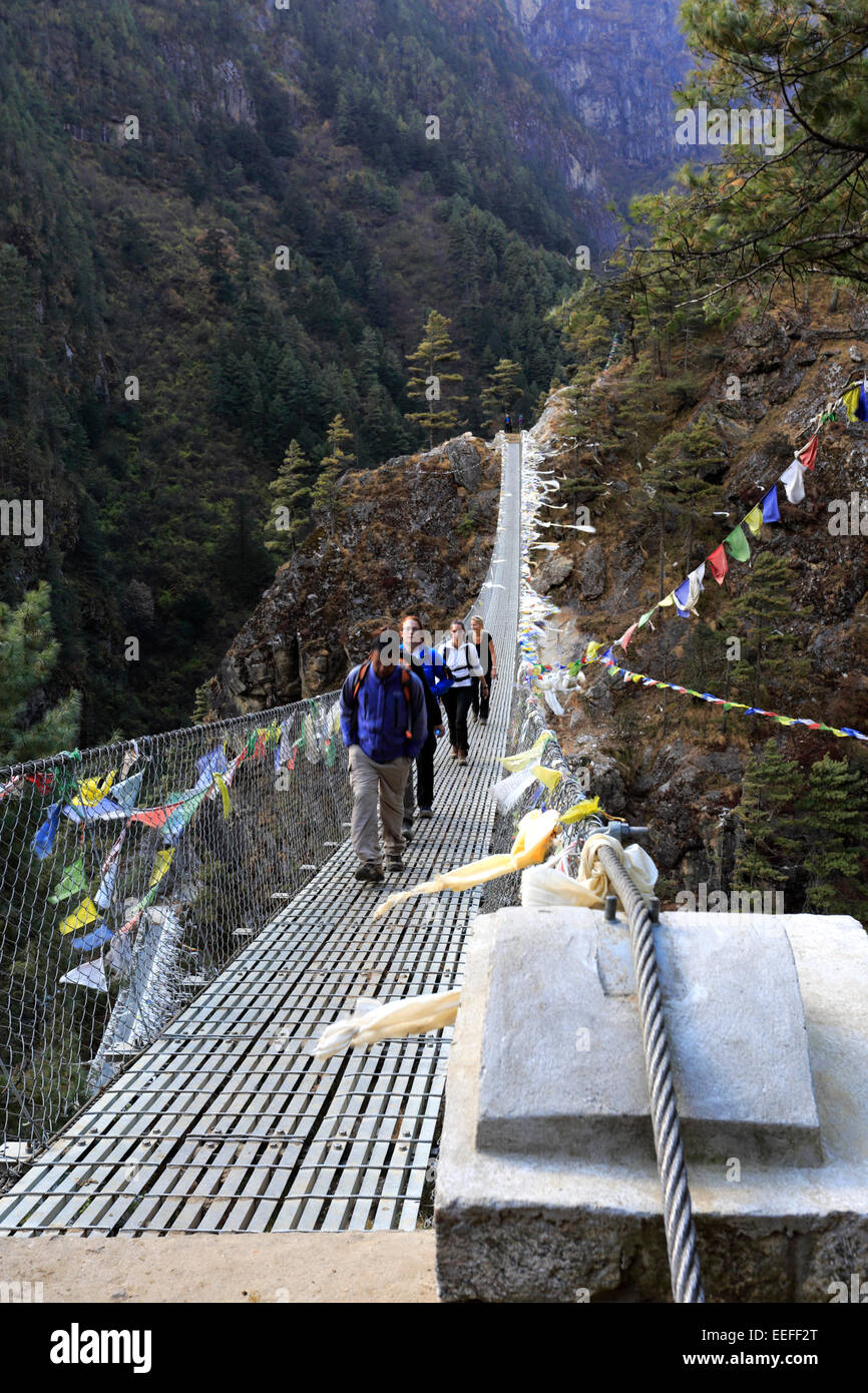 The Larja suspension Bridge over the Dudh Koshi river, near Namche ...