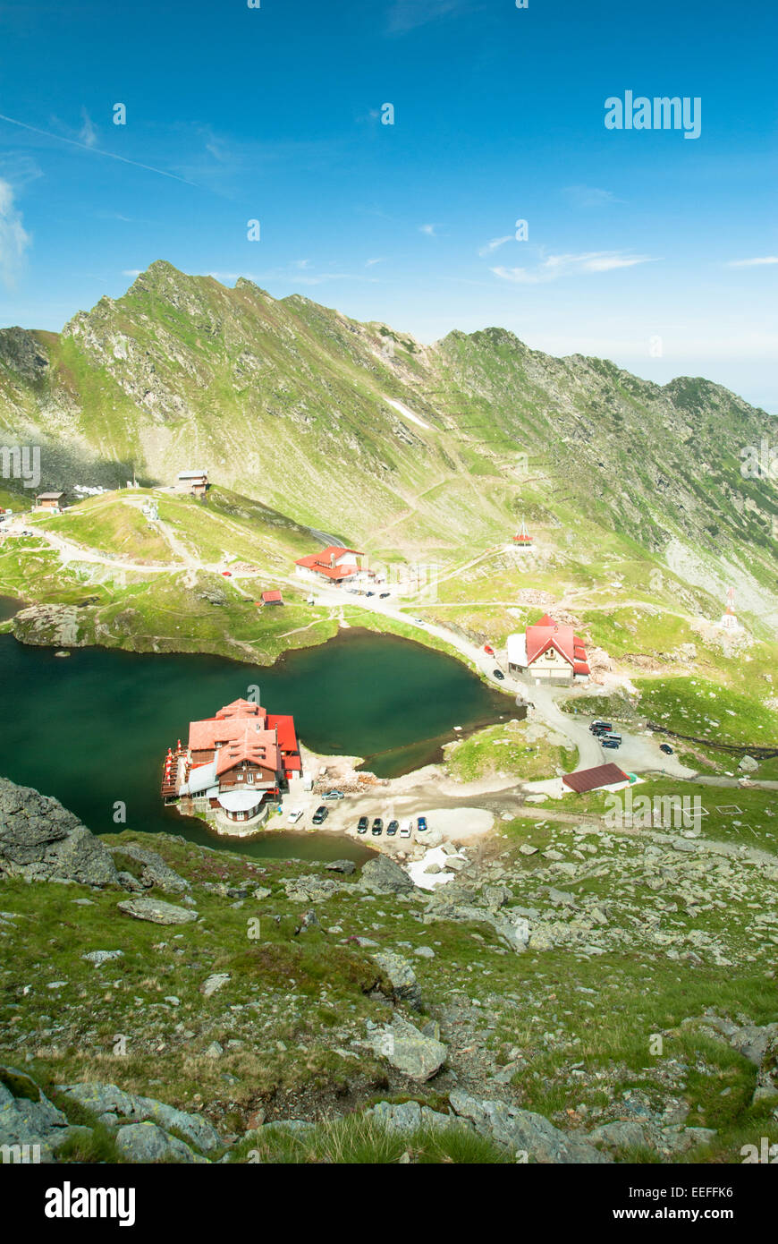 Glacial Balea Lake and Balea Chalet on Transfagarasan, Romania Stock ...