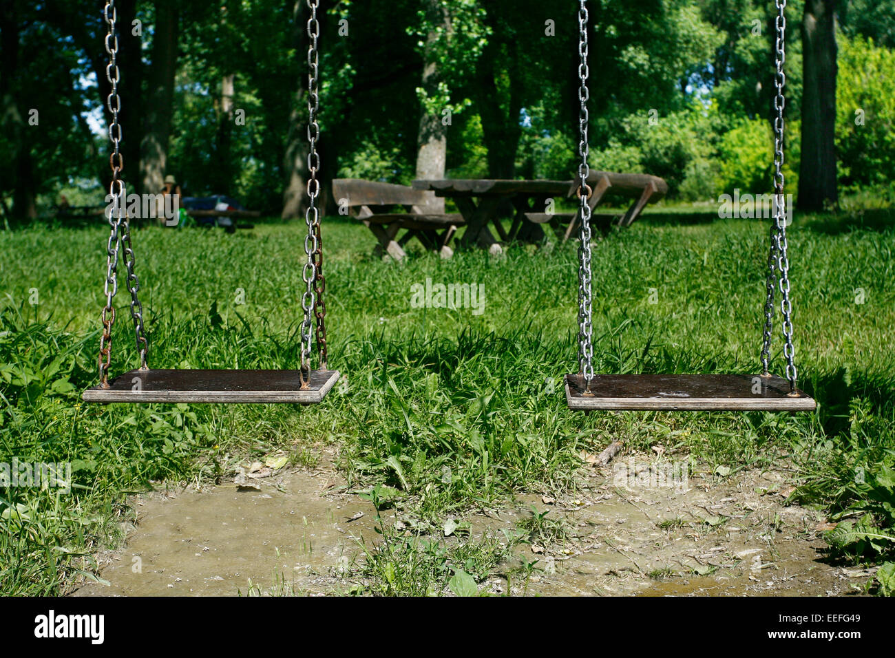 Wooden swing chair in park Stock Photo - Alamy