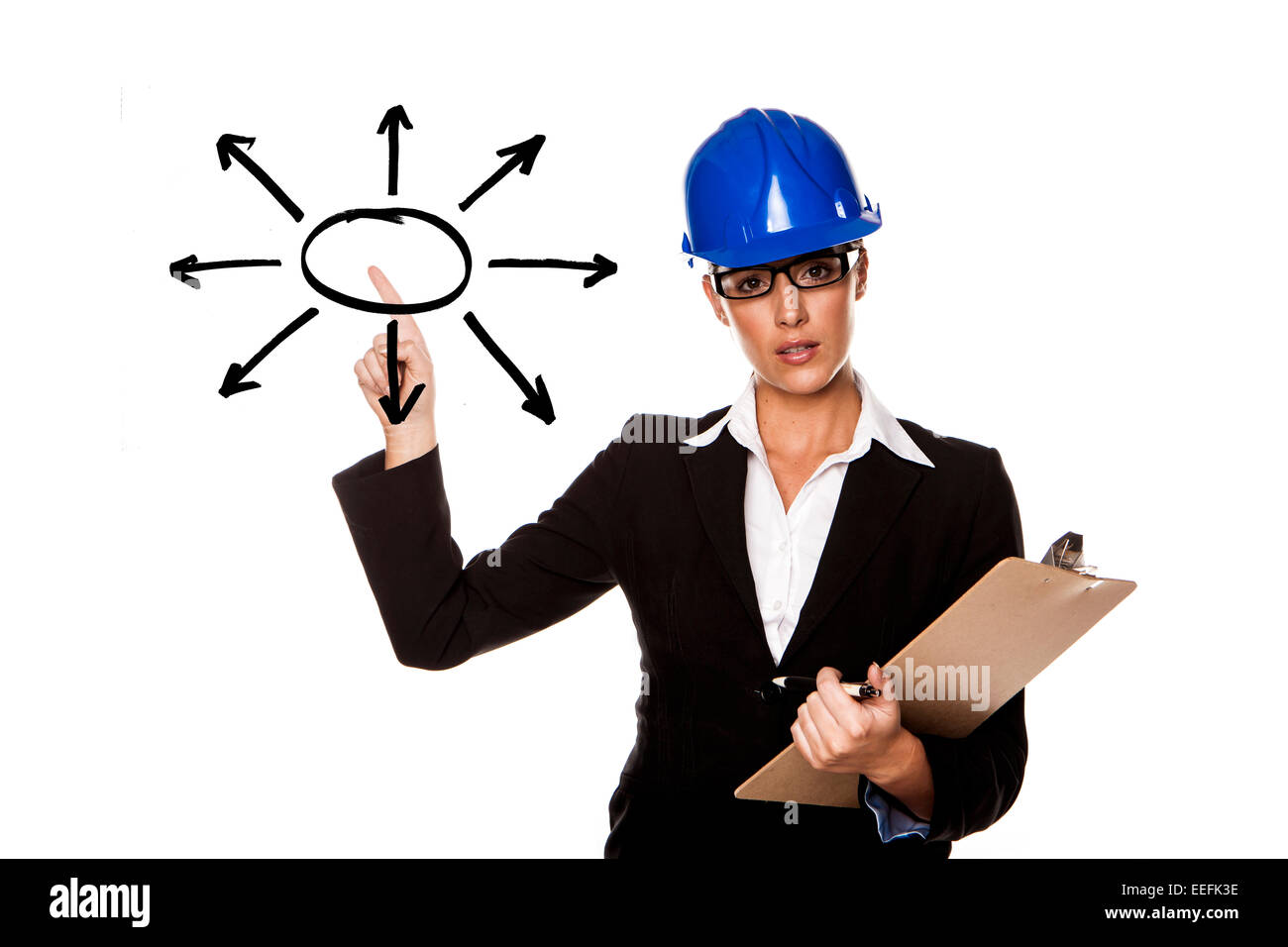 A beautiful woman wearing a hard hat pointing out a 8 point plan Stock ...