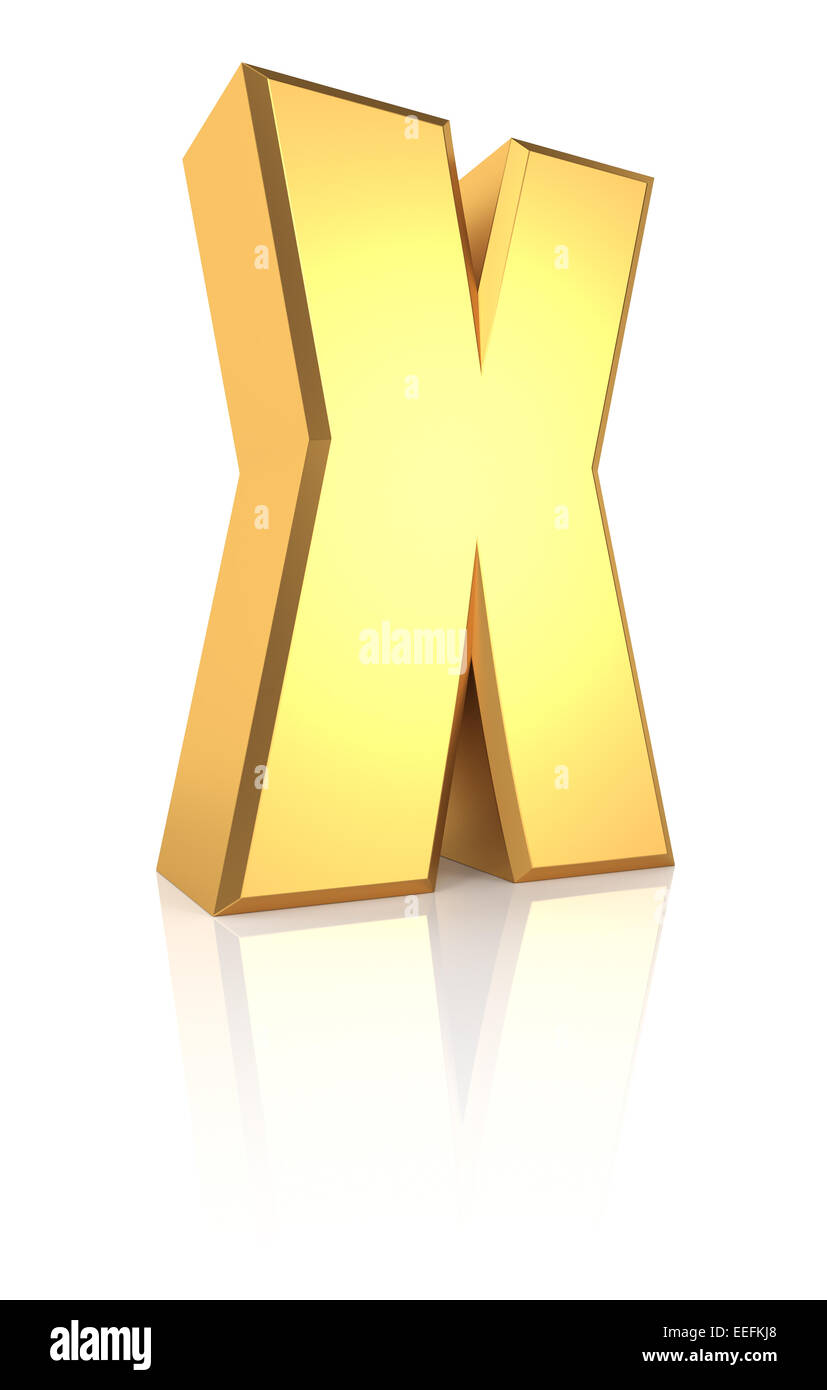 X letter. Gold metal letter on reflective floor. White background. 3d ...