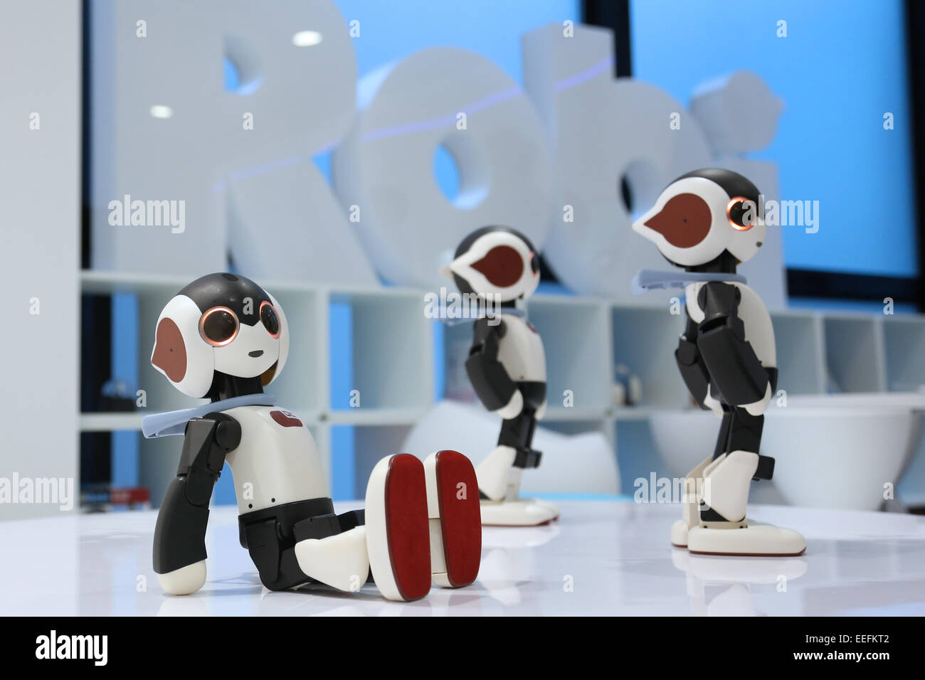 Tokyo, Thursday. 15th Jan, 2015. Communication robots called "Robi" is ...