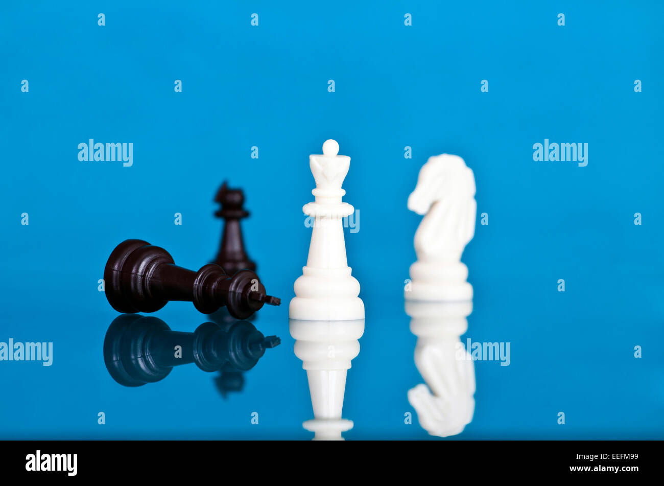 Checkmate - white defeats black on blue blackground Stock Photo - Alamy