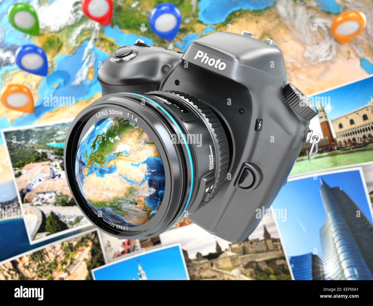 Digital photo camera on background from earth and photographs. 3d Stock ...