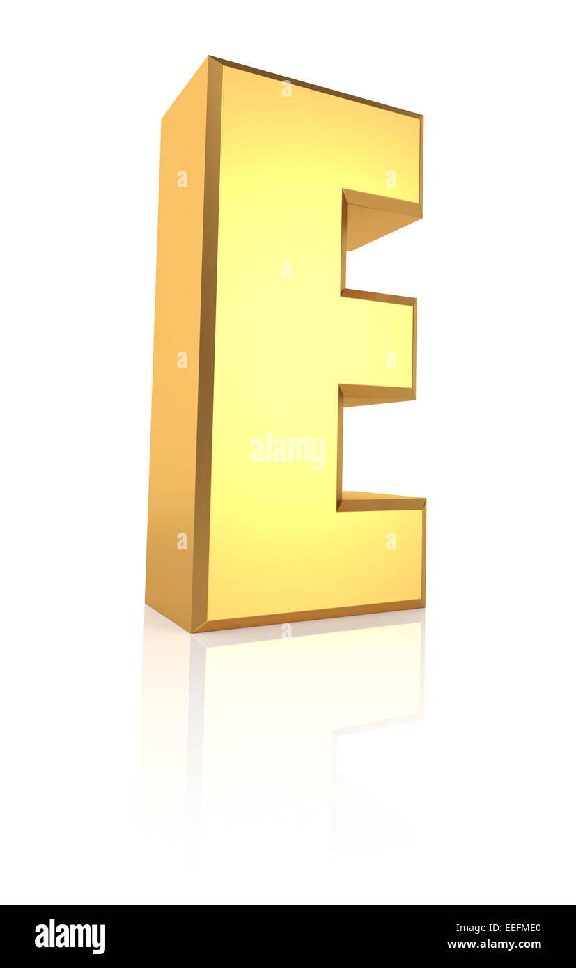 E letter. Gold metal letter on reflective floor. White background. 3d ...