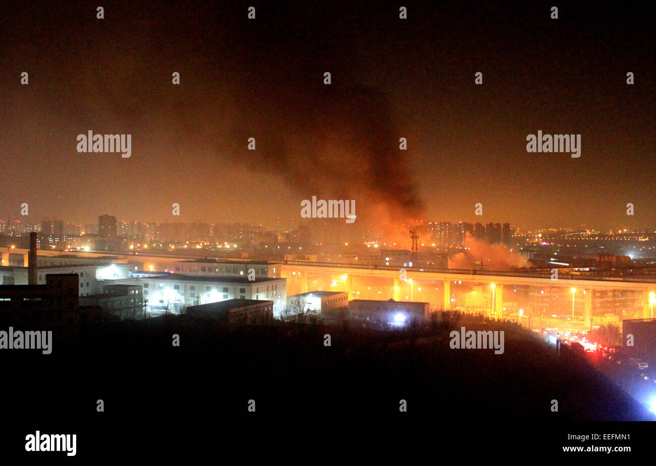 Dalian. 17th Jan, 2015. Photo taken on Jan. 17, 2015 shows a burning ...