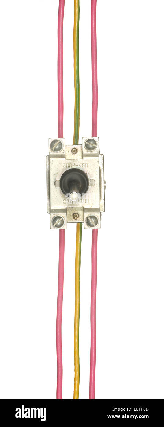 Industrial electrical switch with multi-colored wires isolated on white ...