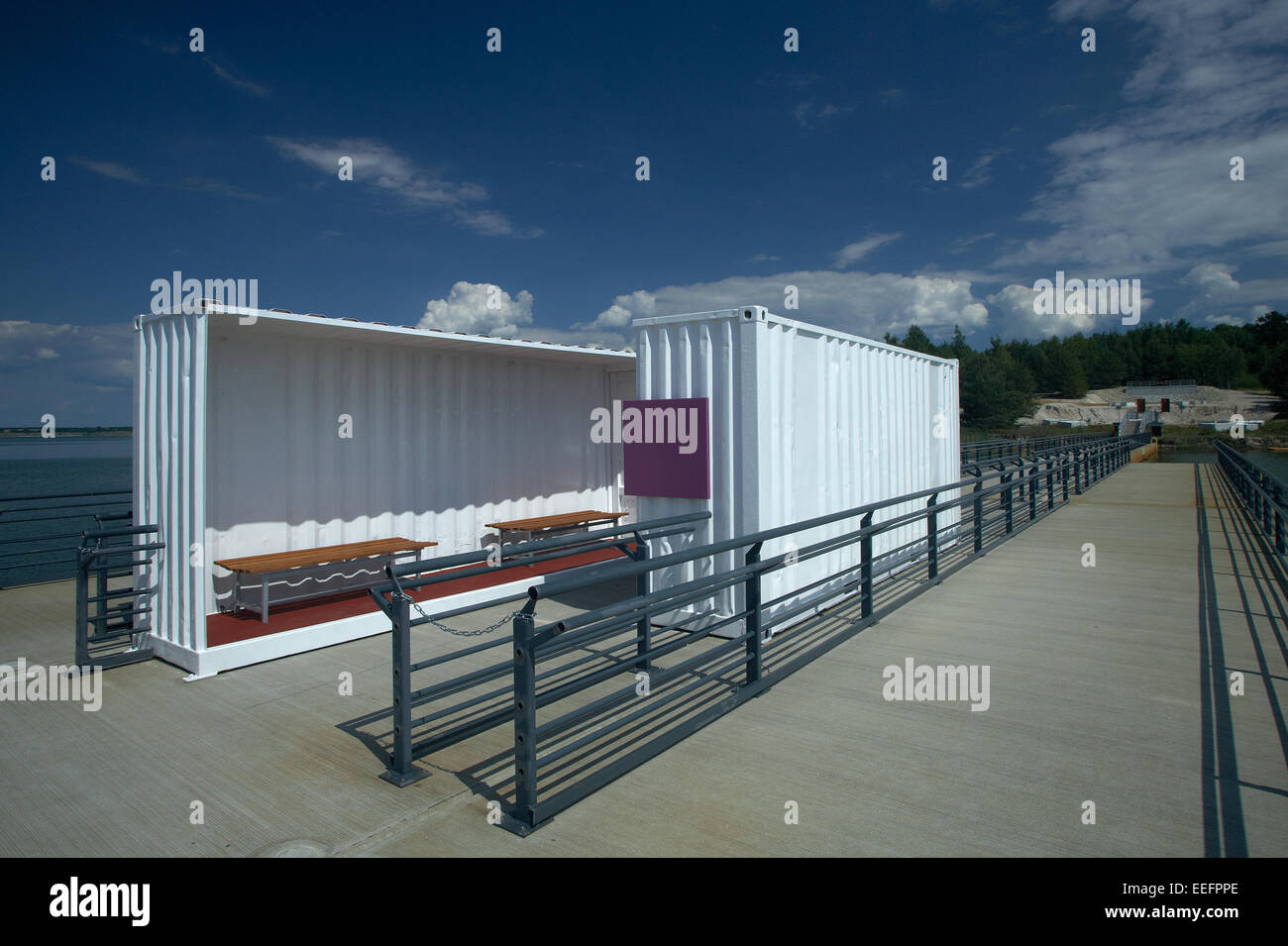 Senftenberg, Germany, floating pontoon with Sitzbaenken halved in ...