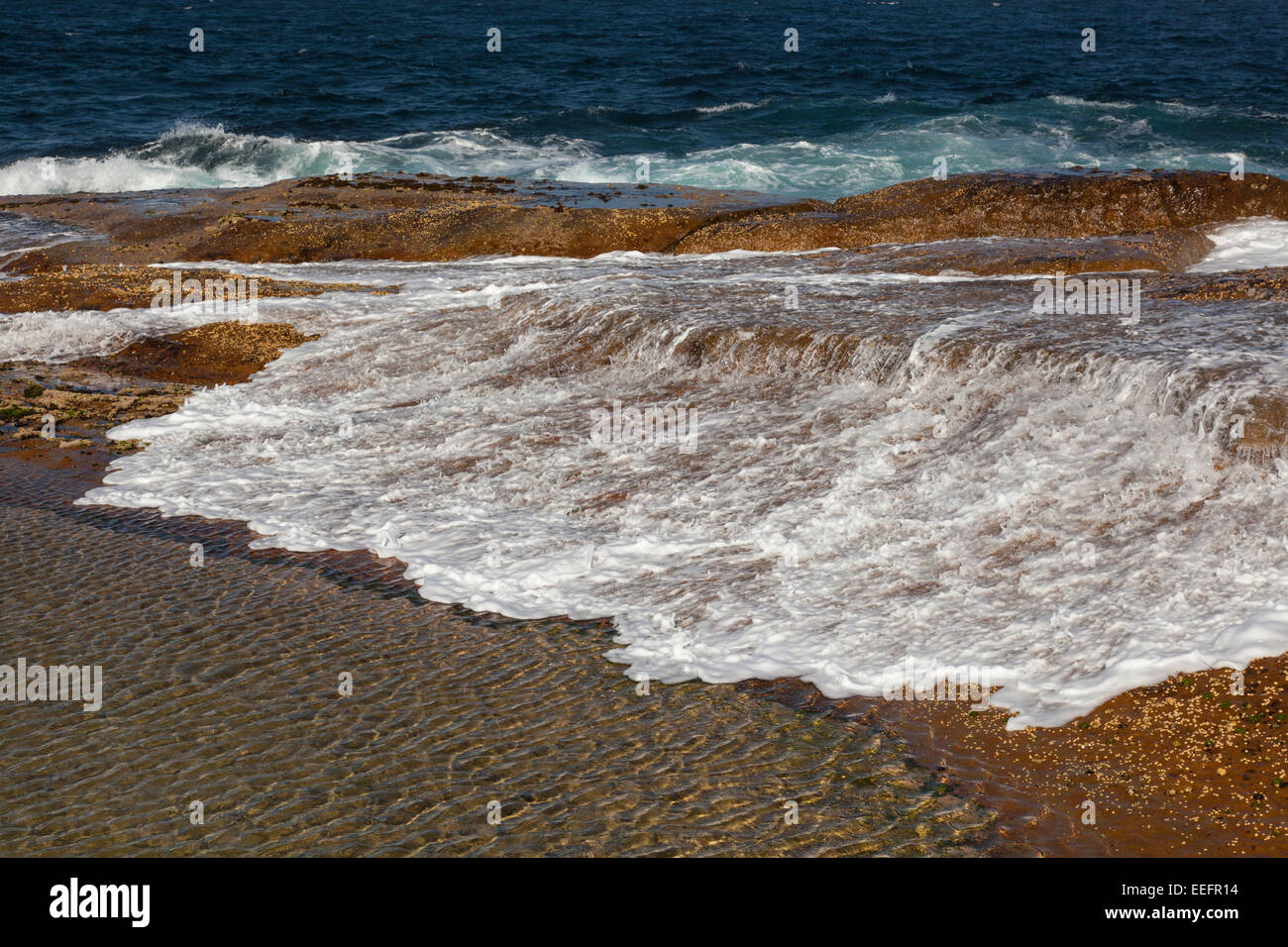 A detail of a rockpool meeting the ocean in Sydney, Australia Stock ...