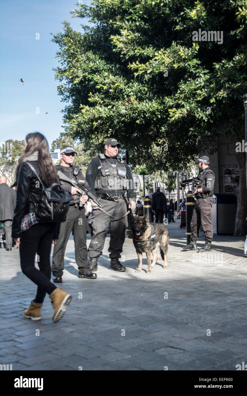 Gibraltar, 17th Jan, 2015. Armed patrols and police dog units At ...