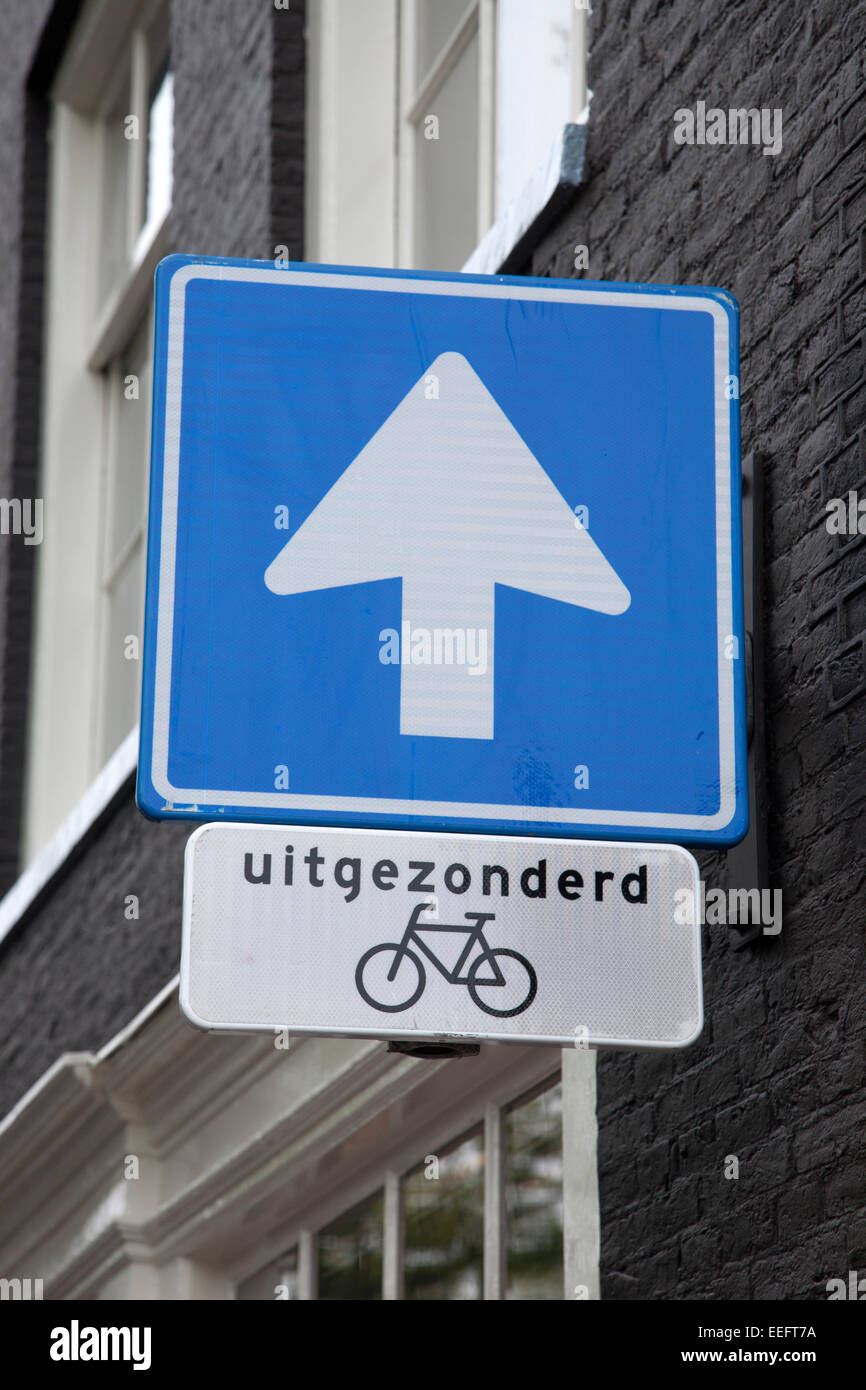 One Way Traffic Sign with Bicycle Symbol in Amsterdam, Holland Stock ...