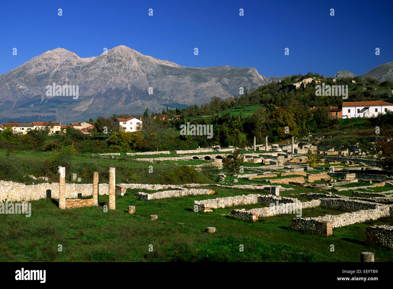 Italy, Abruzzo, Alba Fucens roman ruins and mount Velino Stock Photo ...