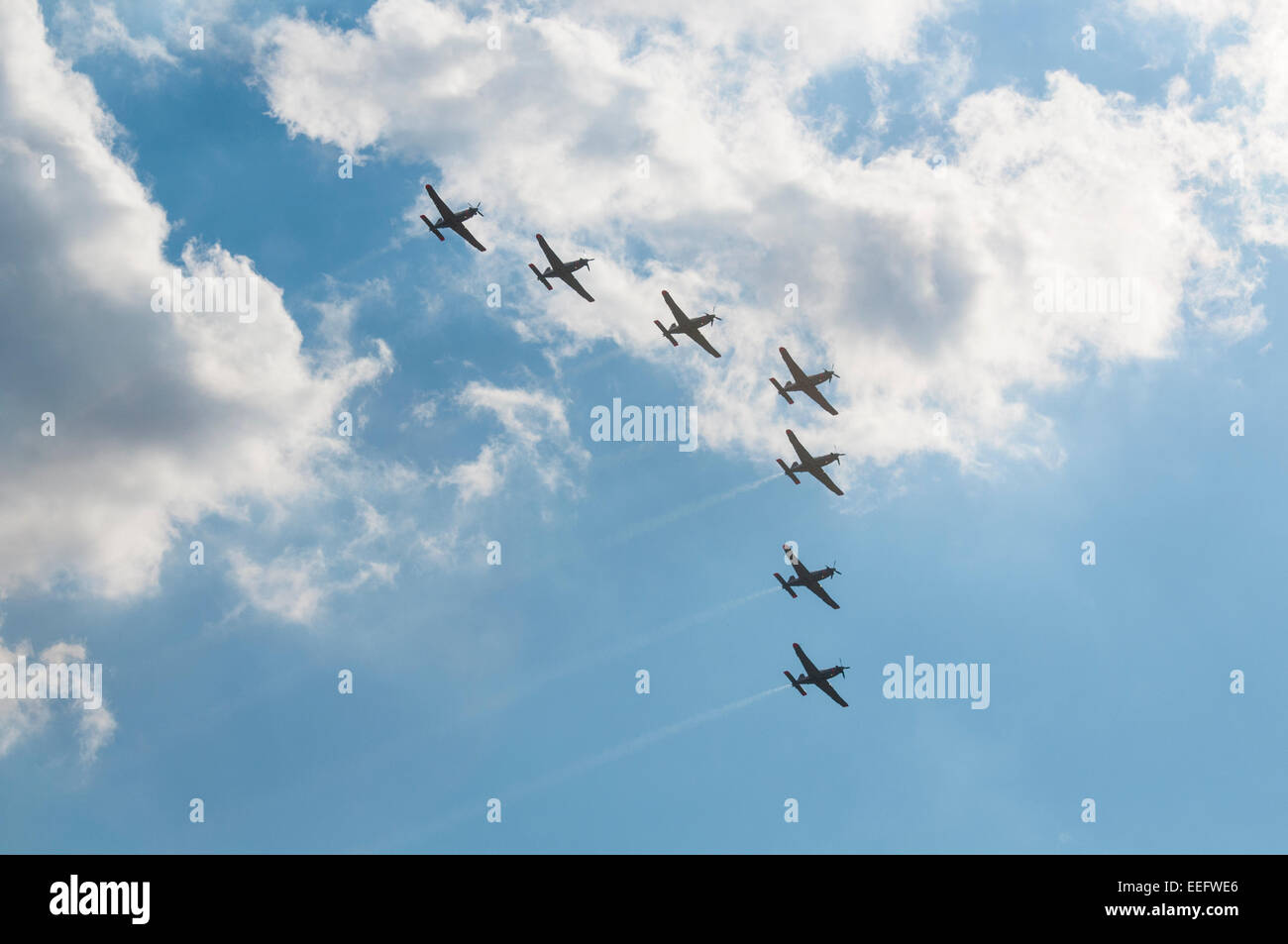 Formation of airplanes flying in unison at the Athens air show, 2014 ...