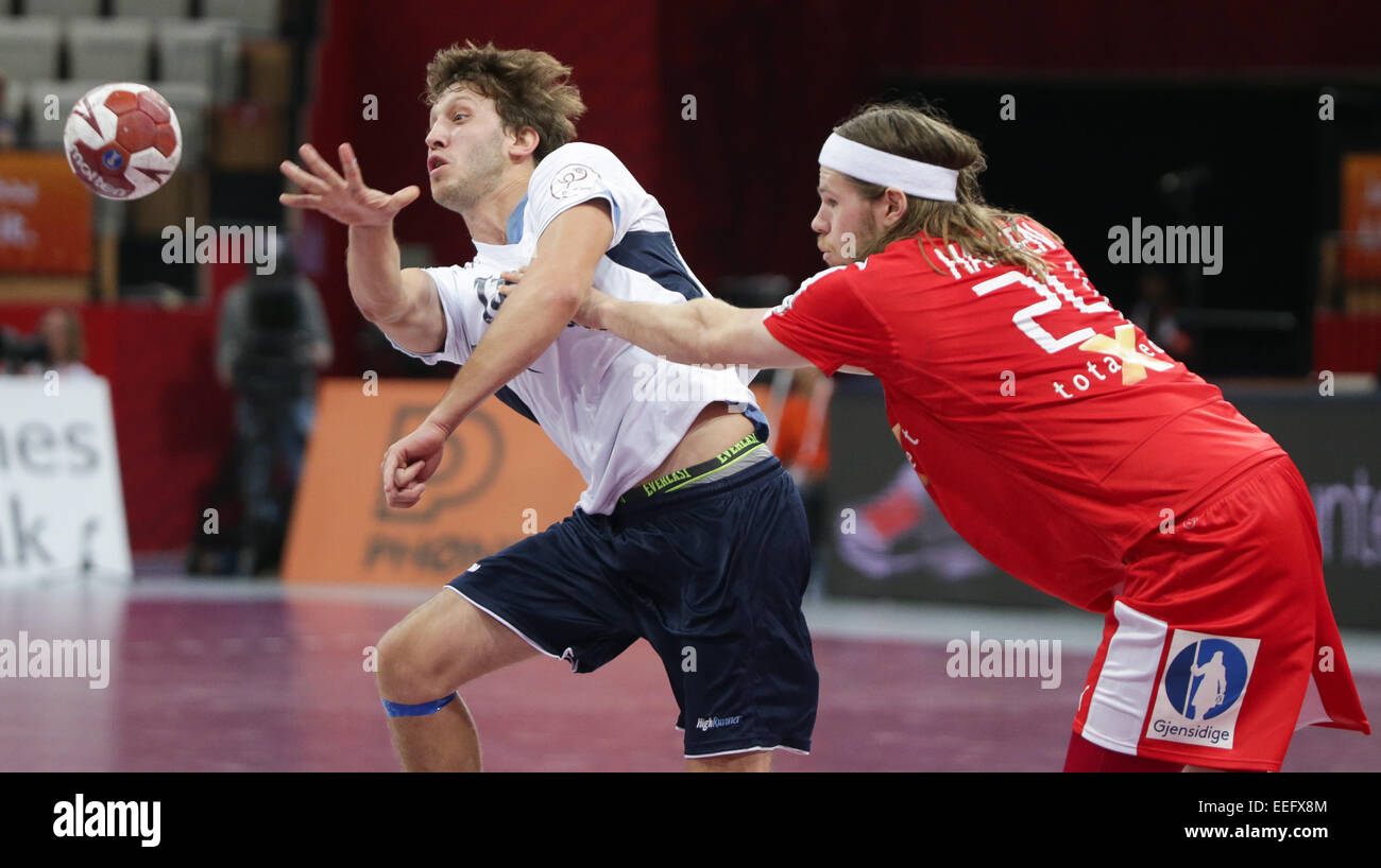 Argentina's Juan Pablo Fernandez (l) and Denmarks's Mikkel Hansen ...