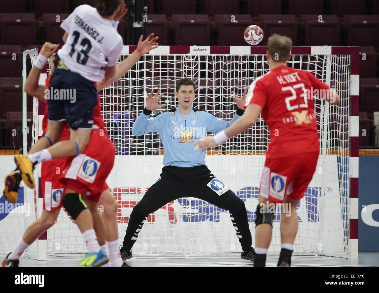 Denmarks's goalkeeper Niklas Landin (c) saves a score during the men's ...