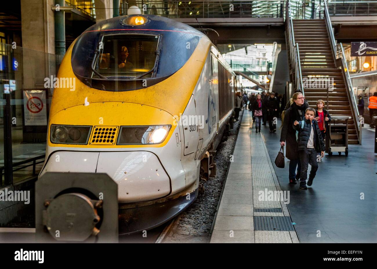 Paris, France. 17th Jan, 2015. Passengers get off a Eurostar train that ...