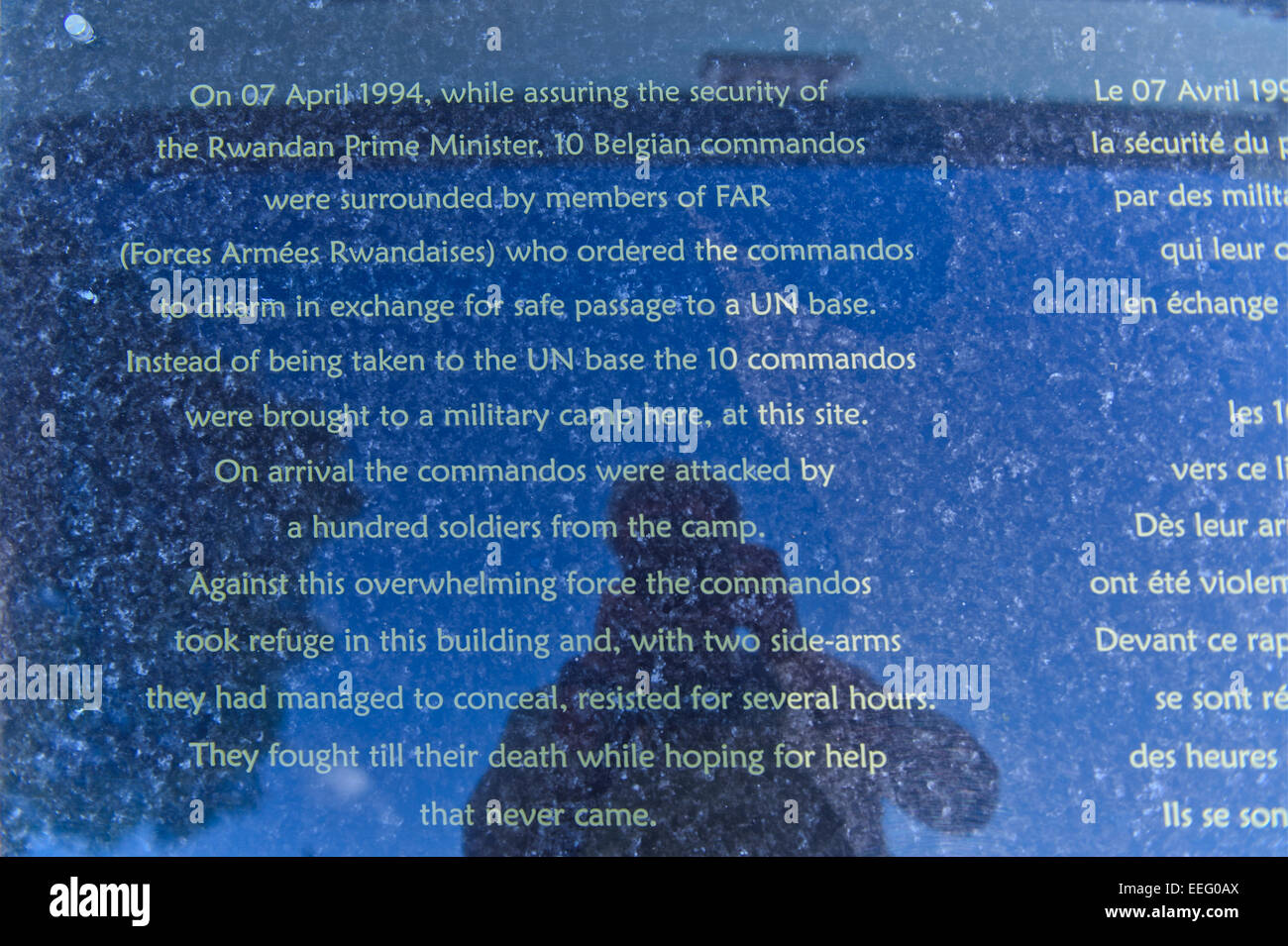 A plate commemorating the murder of ten Belgian UN soldiers , Camp ...