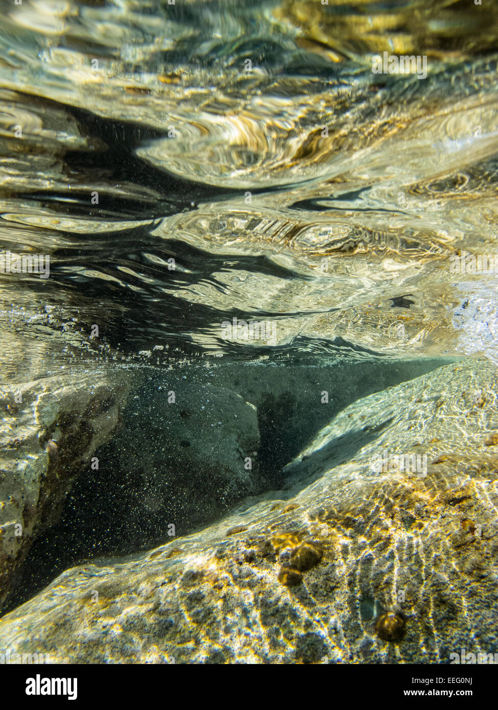 Underwater image of rocks and reflections in calm sea water, abstract ...